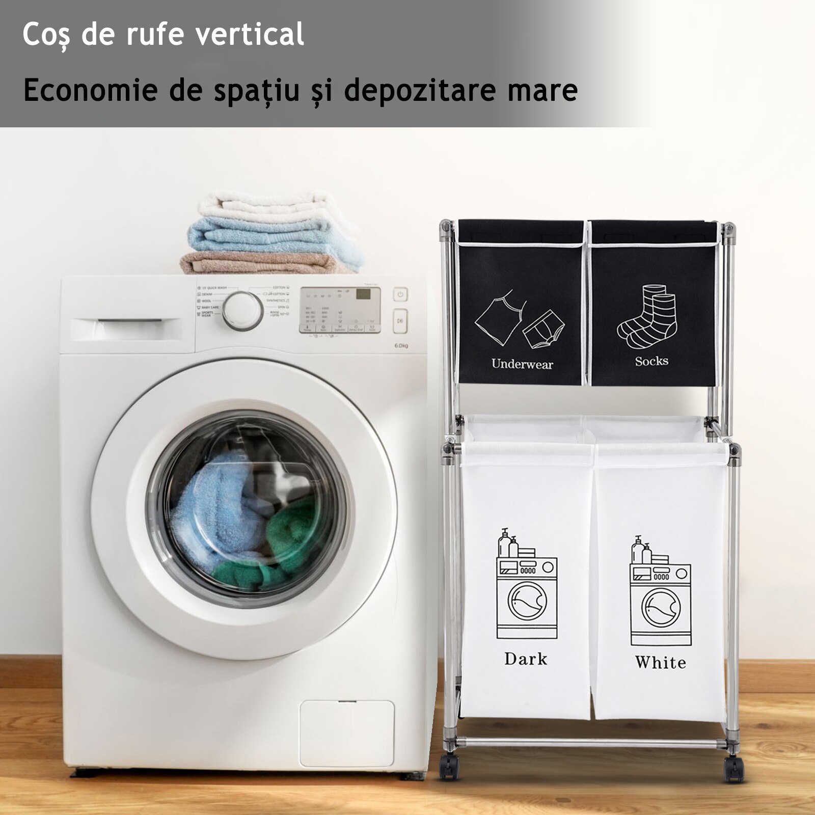Cos de rufe cu 2 nivele de clasificare, patru saci detasabili, design ...