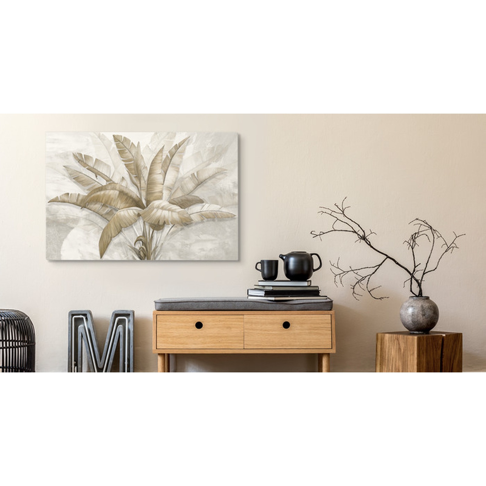 Tablou Canvas pentru Living Frunze Tropicale Bej 120x80cm Abstract ...