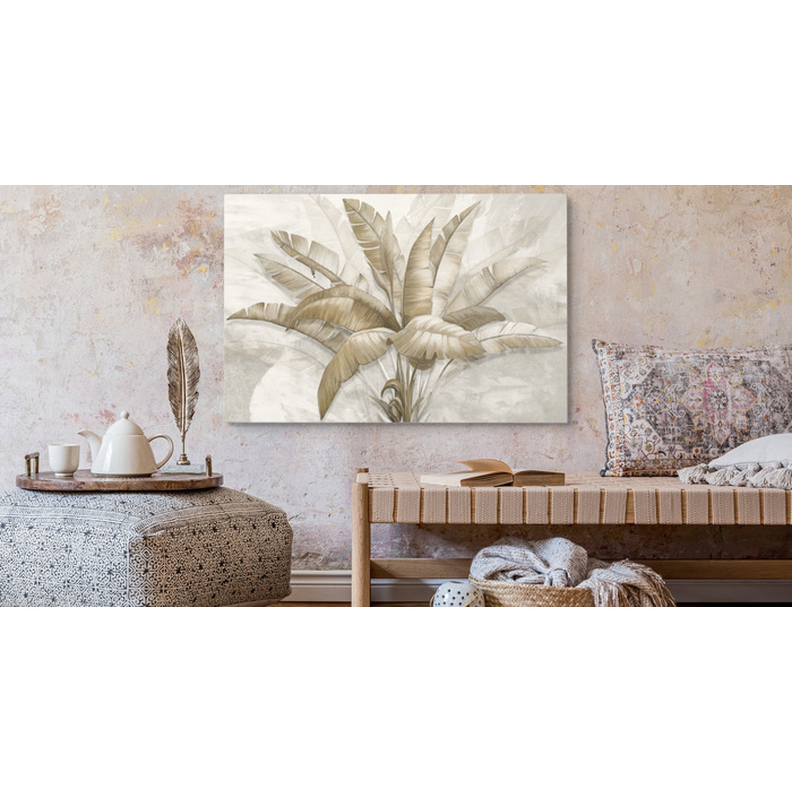 Tablou Canvas pentru Living Frunze Tropicale Bej 120x80cm Abstract ...