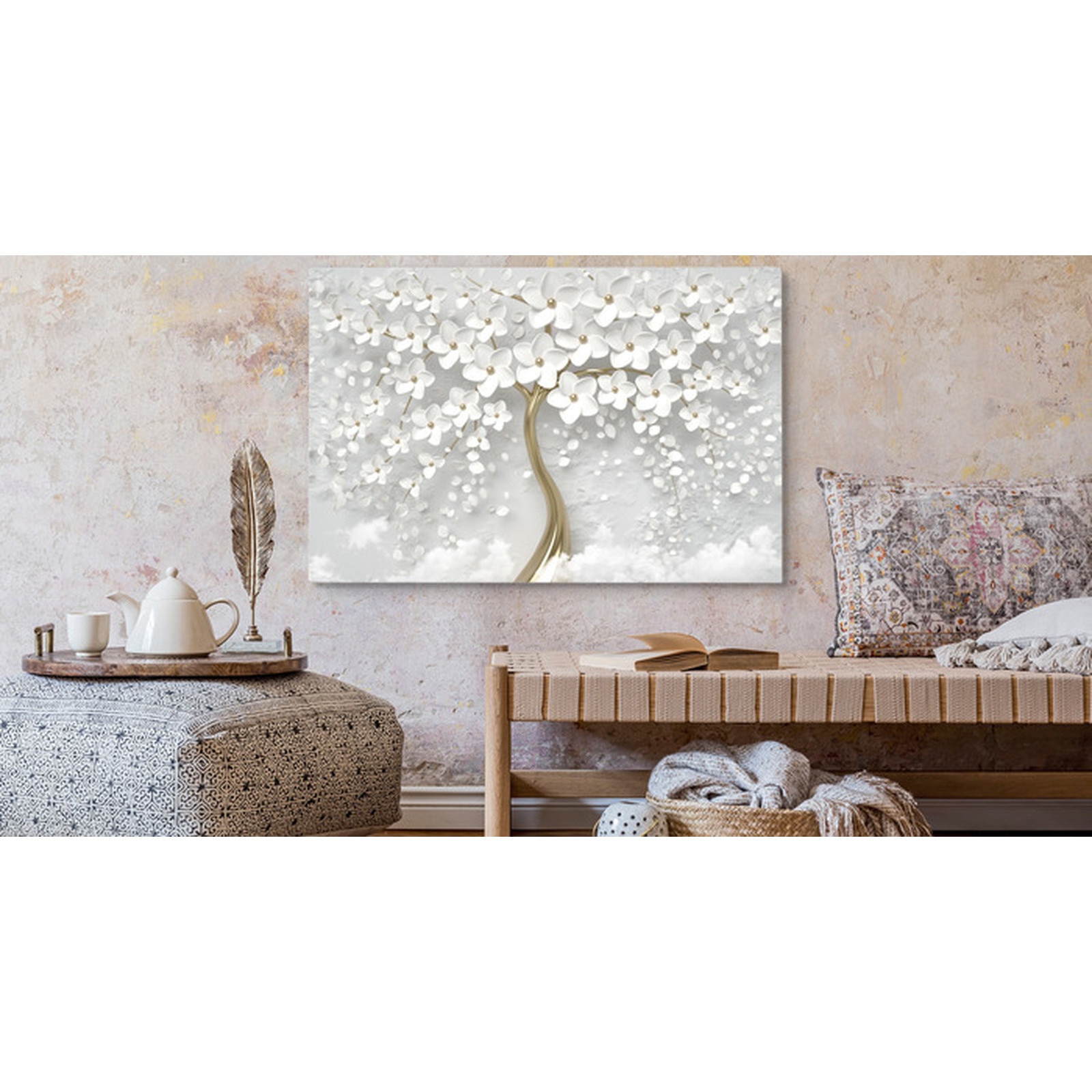 Tablou Canvas Flori albe 3d pe un Copac Abstract 120x80cm pentru Living ...