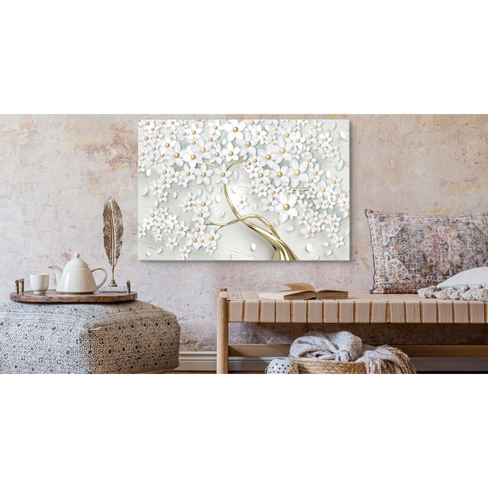 Tablou Canvas Decorativ Flori albe pe un Copac 3d 90x60cm pentru Living ...