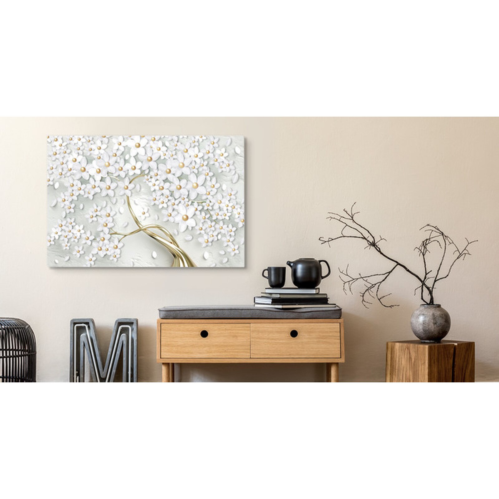 Tablou Canvas Decorativ Flori albe pe un Copac 3d 90x60cm pentru Living ...