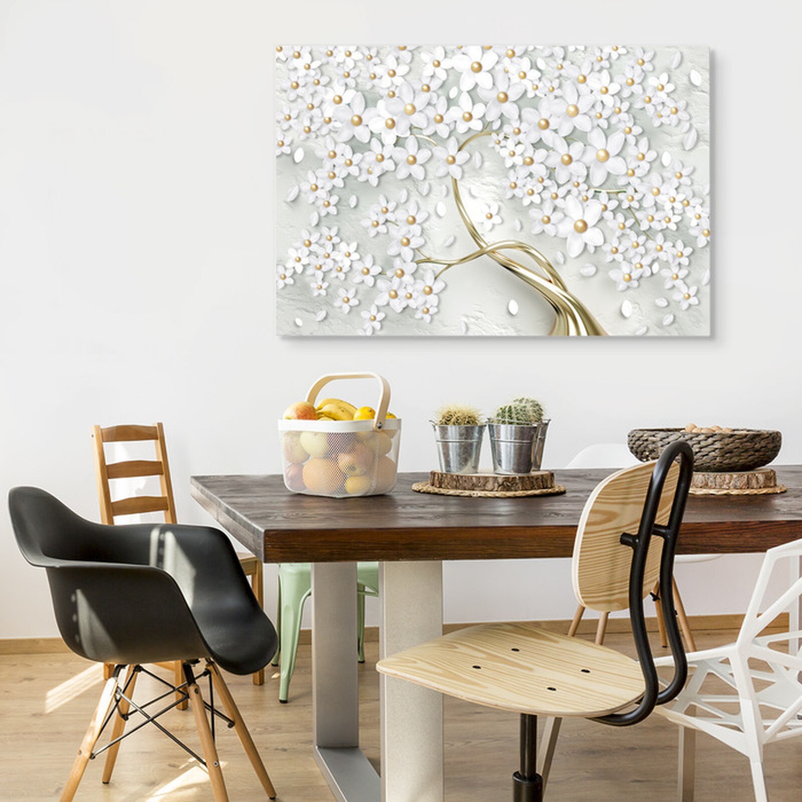 Tablou Canvas Decorativ Flori albe pe un Copac 3d 90x60cm pentru Living ...