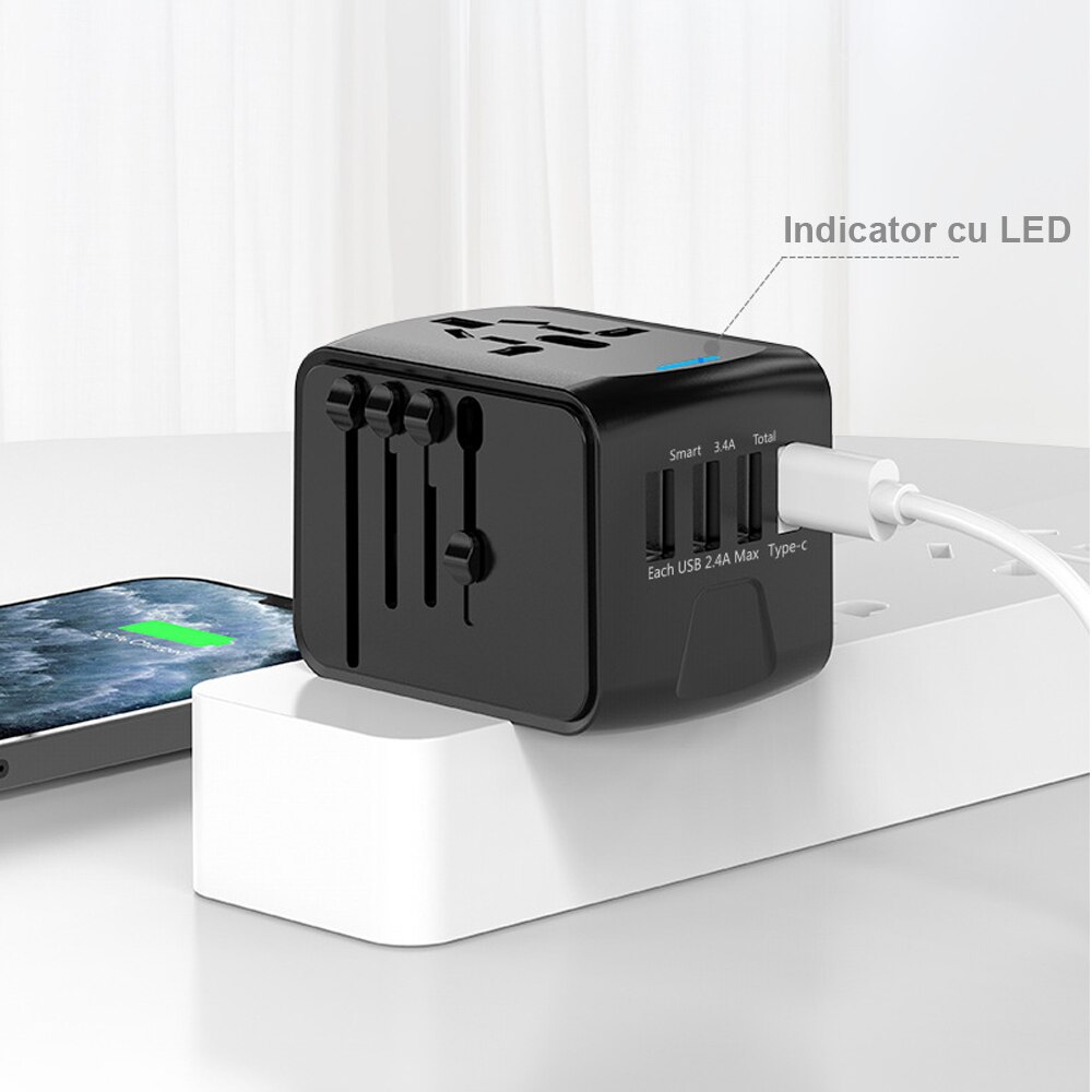 Adaptor incarcator universal priza de calatorie, Vaxiuja, cu 3 USB si 1 ...