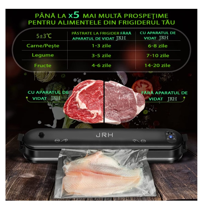 Aparat de vidat alimente JRH, 100W, 30 cm bara de lipire, 20 pungi incluse, Negru - eMAG.ro