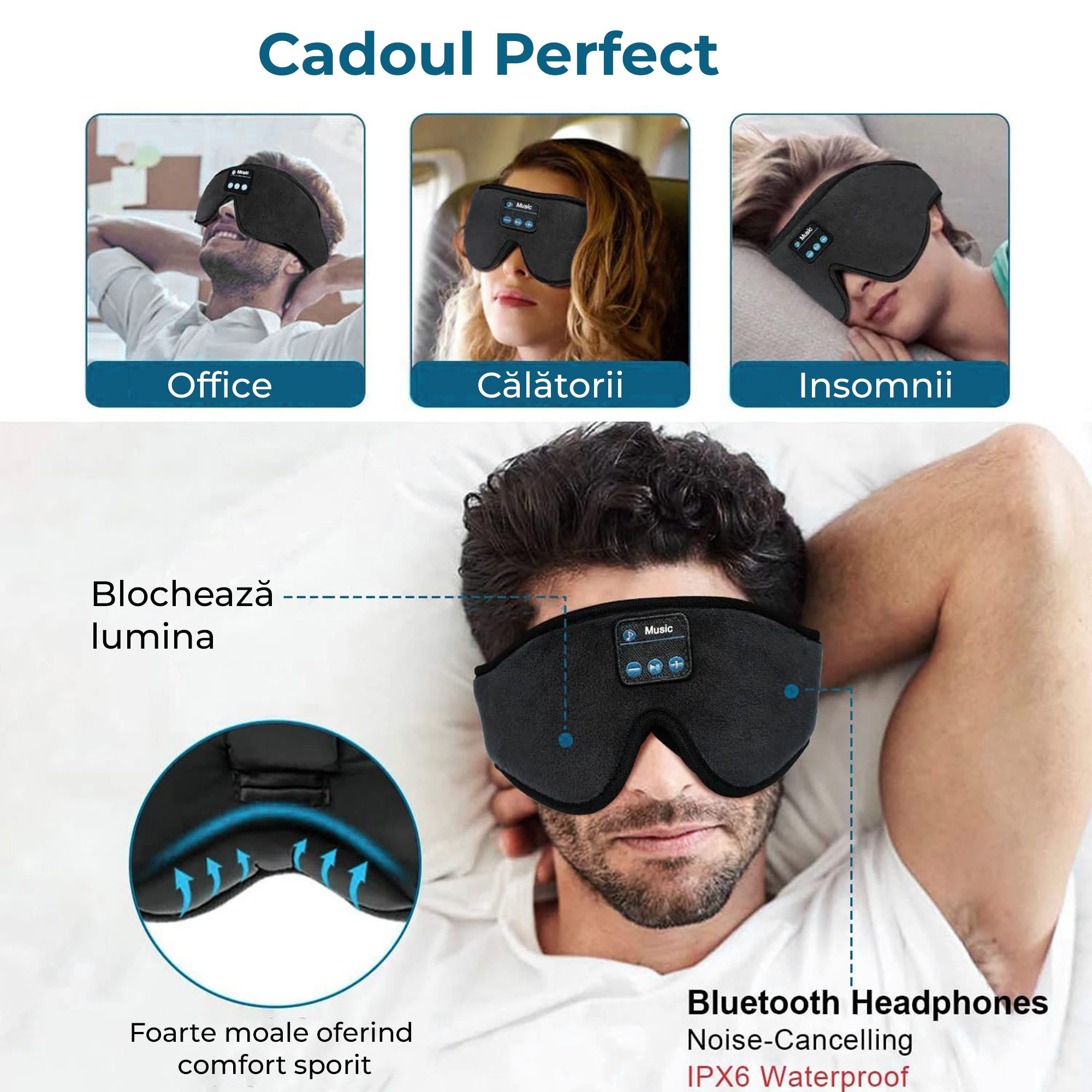 Masca de dormit cu Casti Wireless, Microfon, Bluetooth 5.0, spuma de ...
