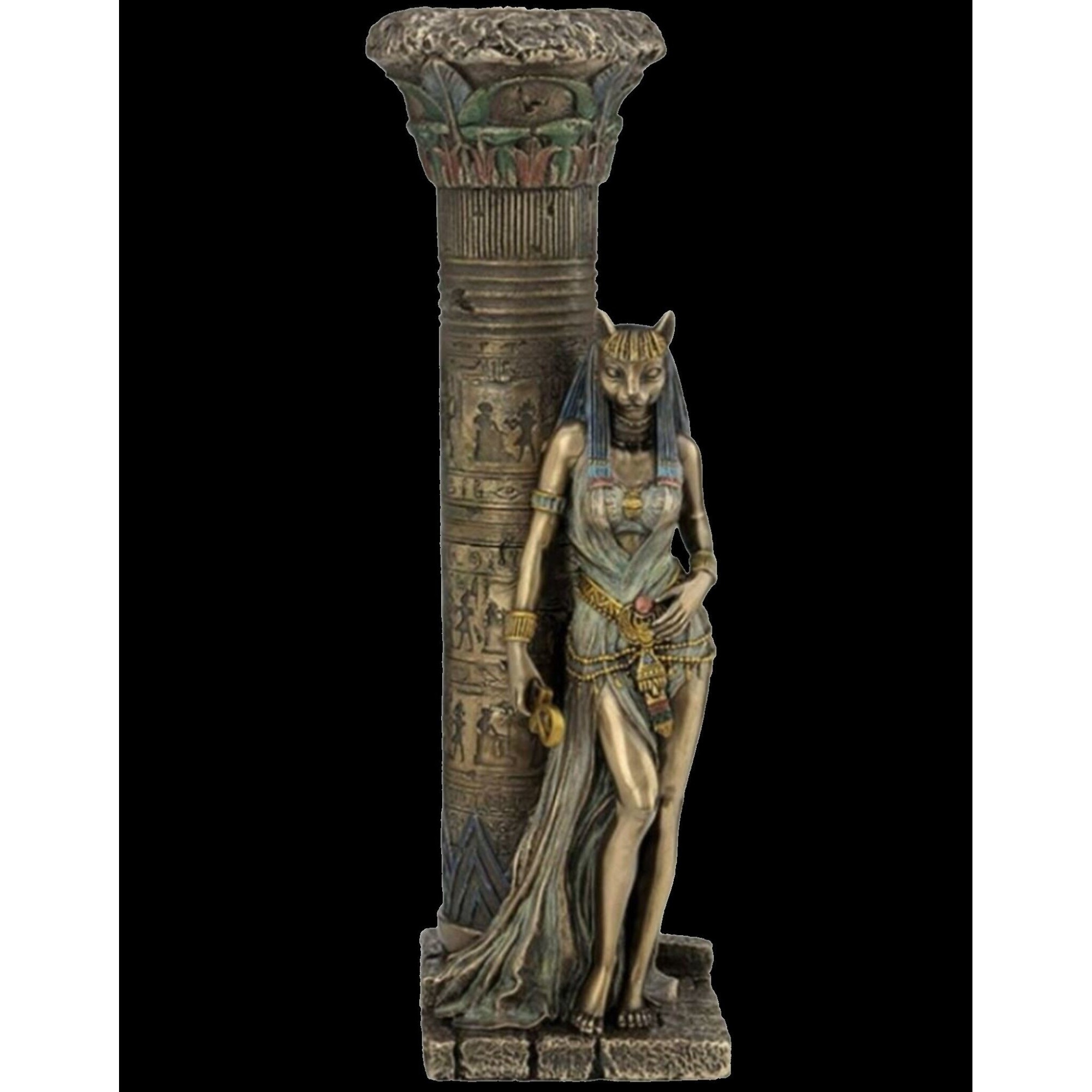 Figurina, Zeita Egipteana Bastet Sprijinita de o Coloana, din Rasina, 8 ...
