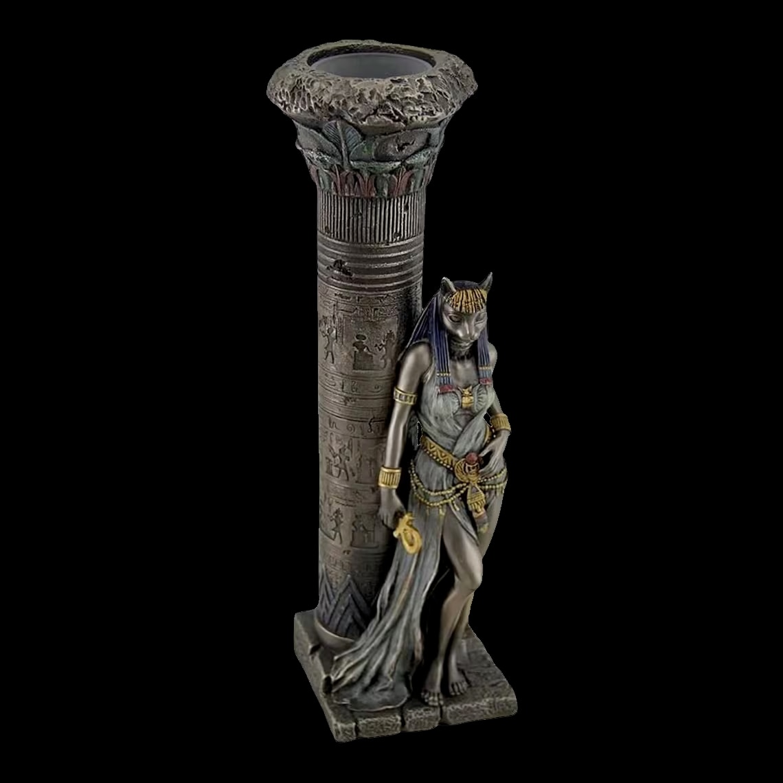 Figurina, Zeita Egipteana Bastet Sprijinita de o Coloana, din Rasina, 8 ...