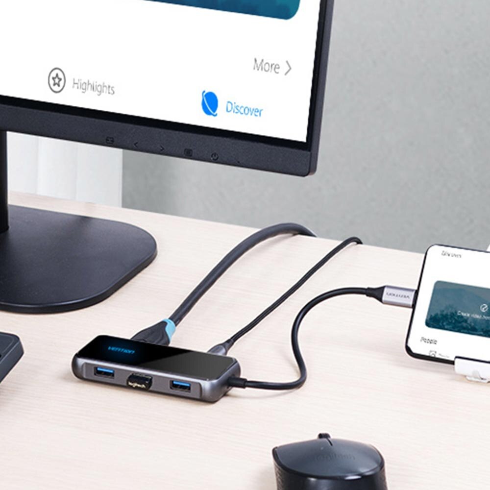 Hub Multiport Vention, USB Type-C la 4 x USB 3.0, HDMI 4K @60Hz, PD ...