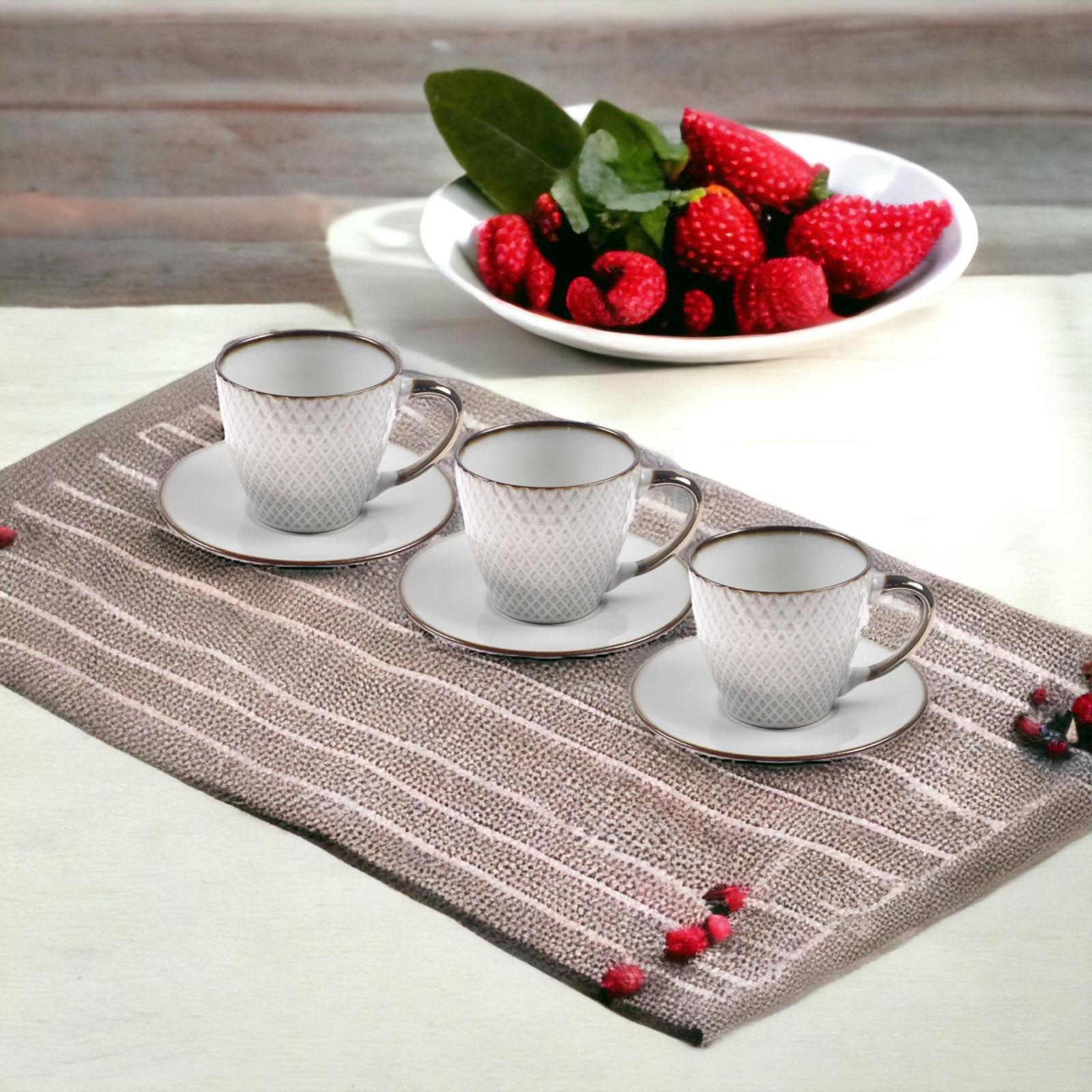 Set 12 piese cesti si farfuriute de cafea Ilsedo, ceramica, Alb/Auriu ...