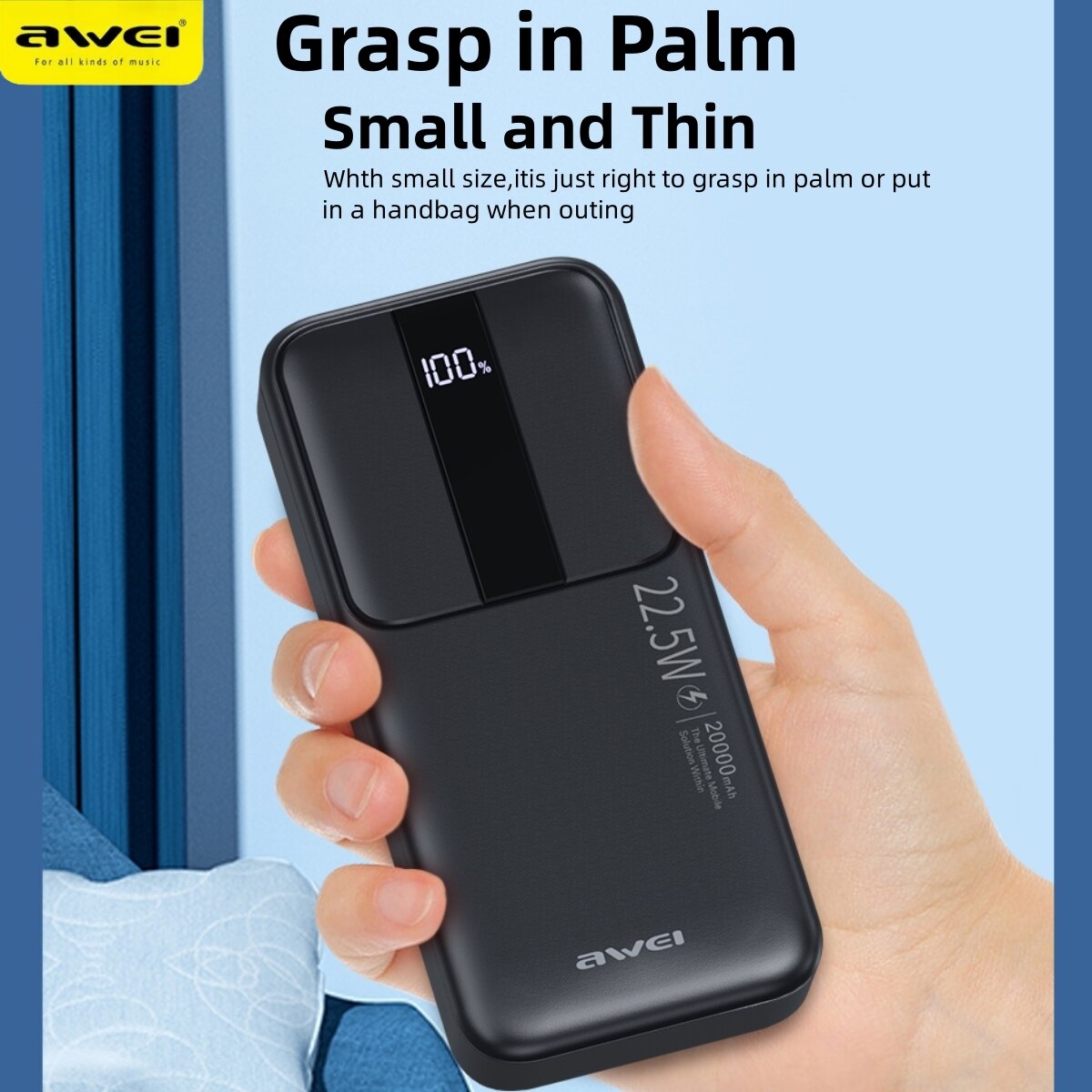 Power Bank, Awei, 20000 mAh, Бързо зареждане, 550 g, Черен - eMAG.bg