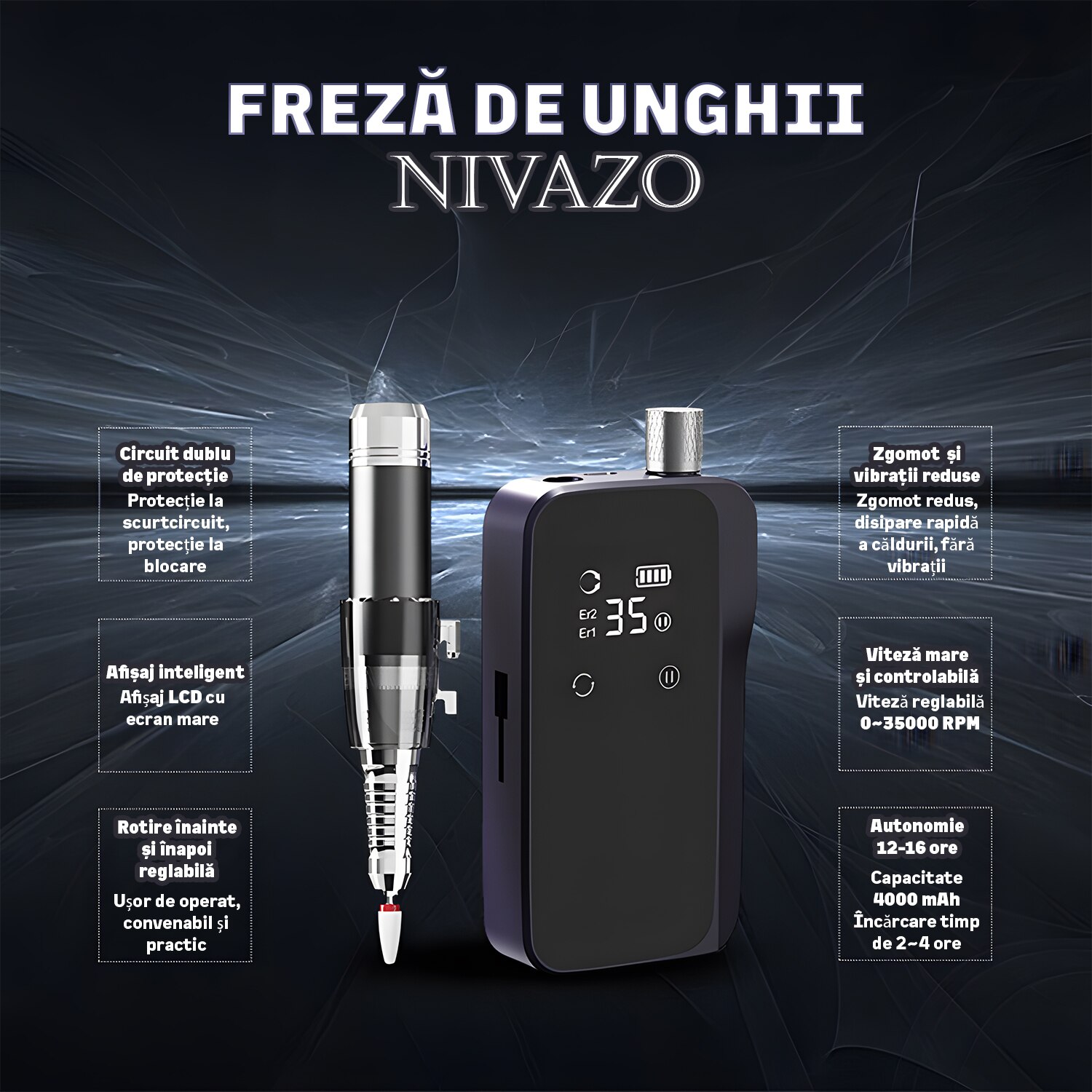Freza unghii, Nivazo, 35000 RPM, ecran LCD touchscreen, acumulator ...