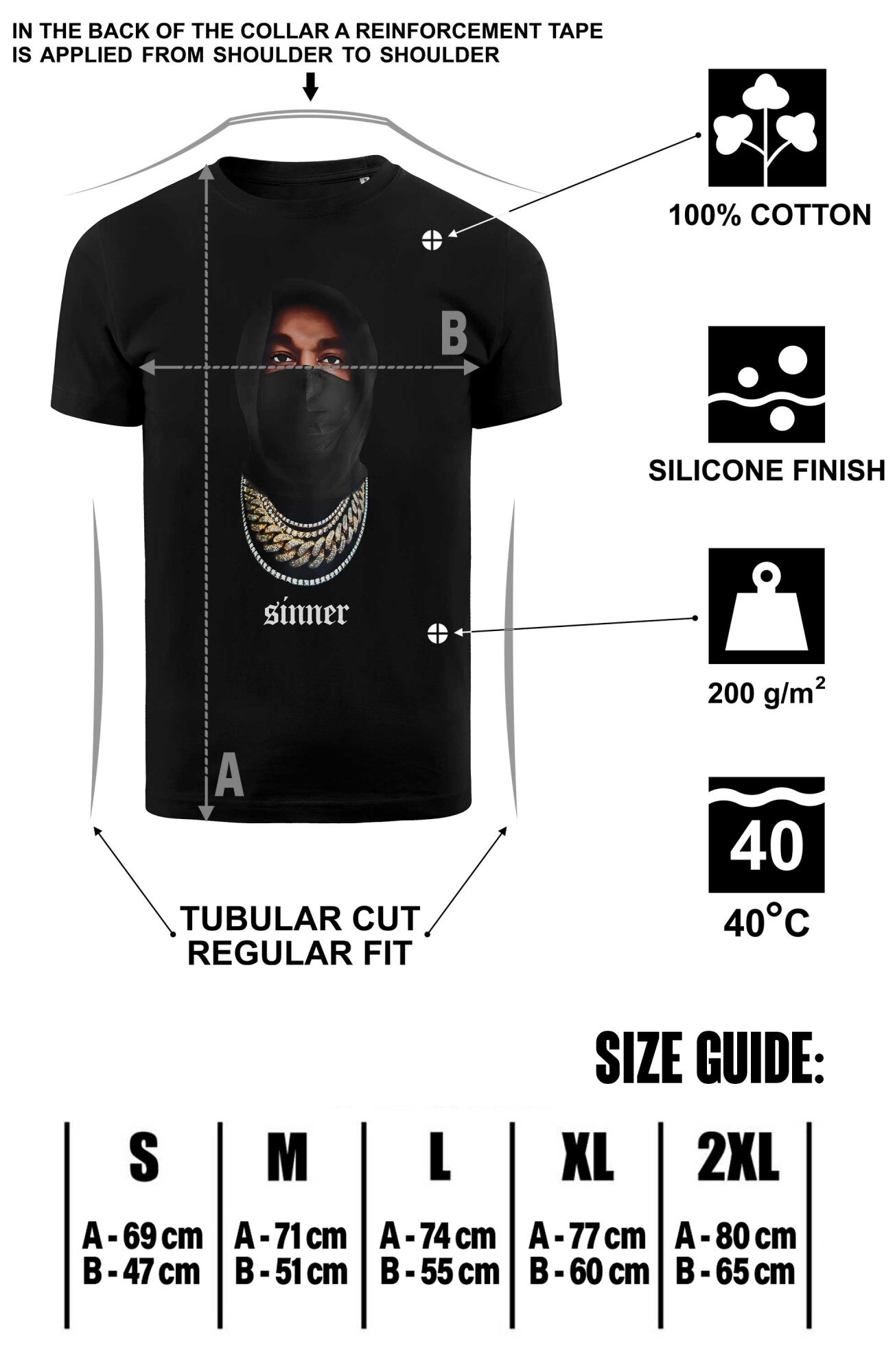 Tricou barbati, Sinner, Heavyweight Cotton 100% - 200gr, Negru, XL ...