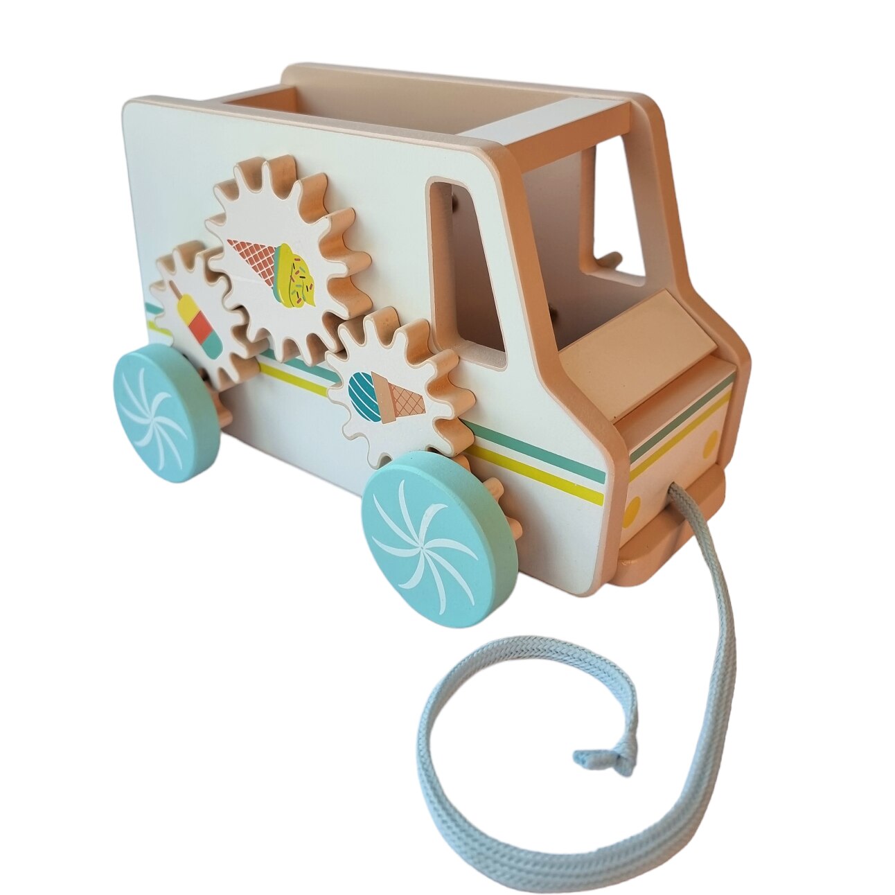 Играчка за дърпане Машина за сладолед Камион с дървени зъбчати колела Emag Bg