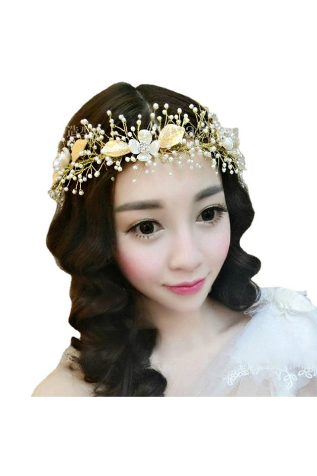 Coronita pentru par, model delicat cu flori perlate, frunzulite ...