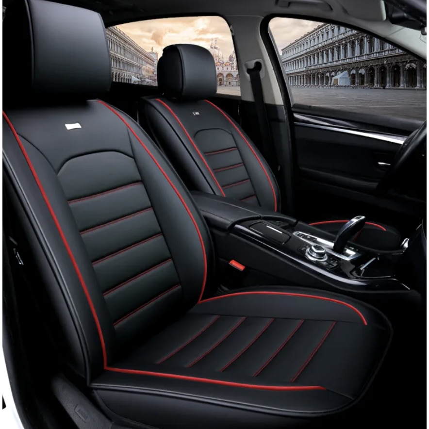 Set Huse Auto Fata Spate Universale Linii, Piele eco, Negru cusaturi ...