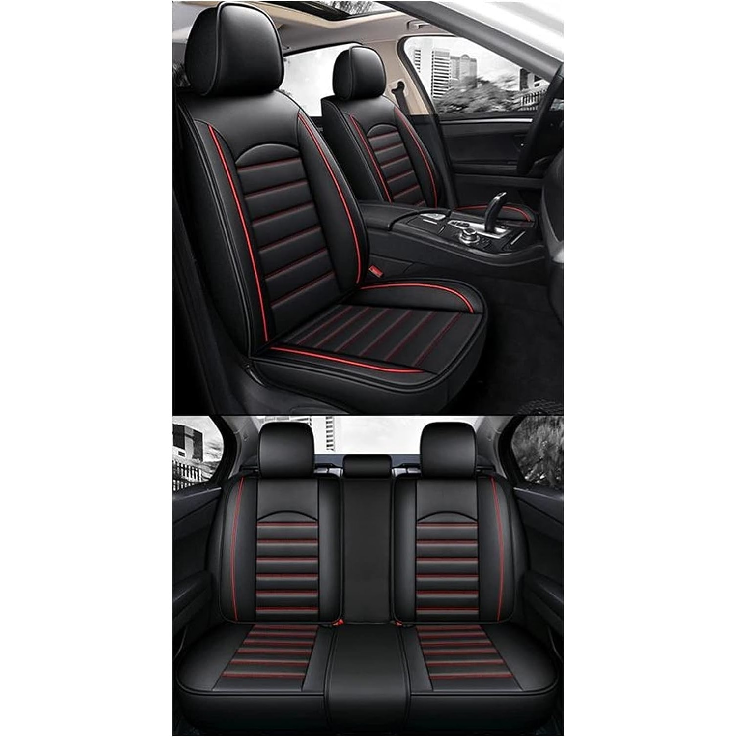 Set Huse Auto Fata Spate Universale Linii, Piele eco, Negru cusaturi ...