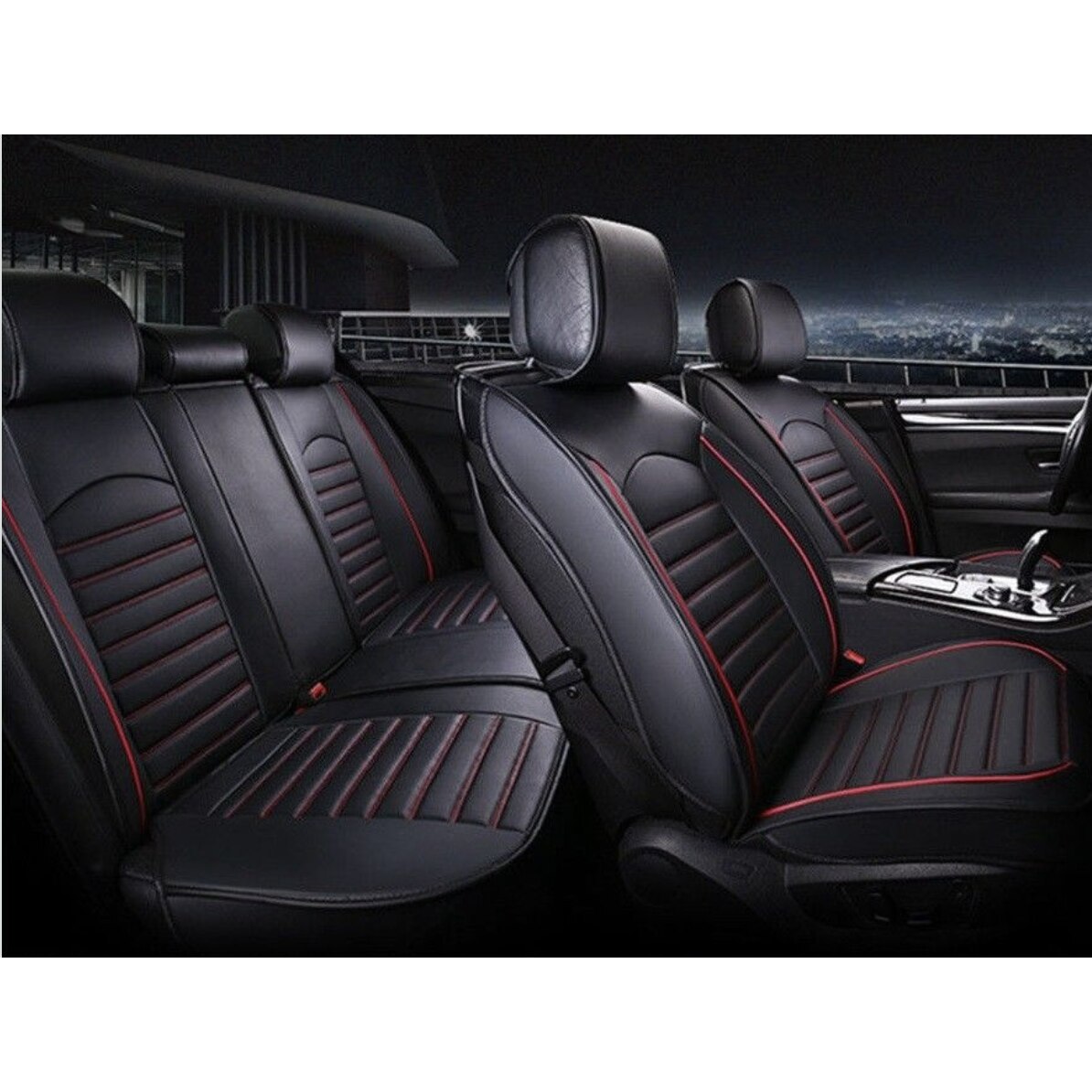 Set Huse Auto Fata Spate Universale Linii, Piele eco, Negru cusaturi ...