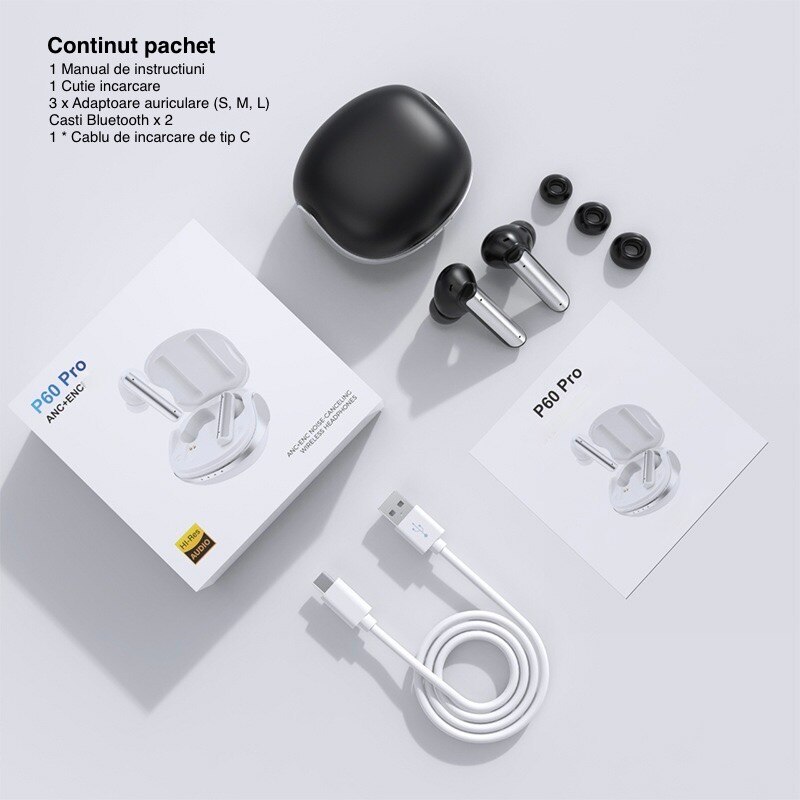 Casti Wireless P60 Pro, Bluetooth 5.2, Earbuds Fara Fir, Microfon Dual ...