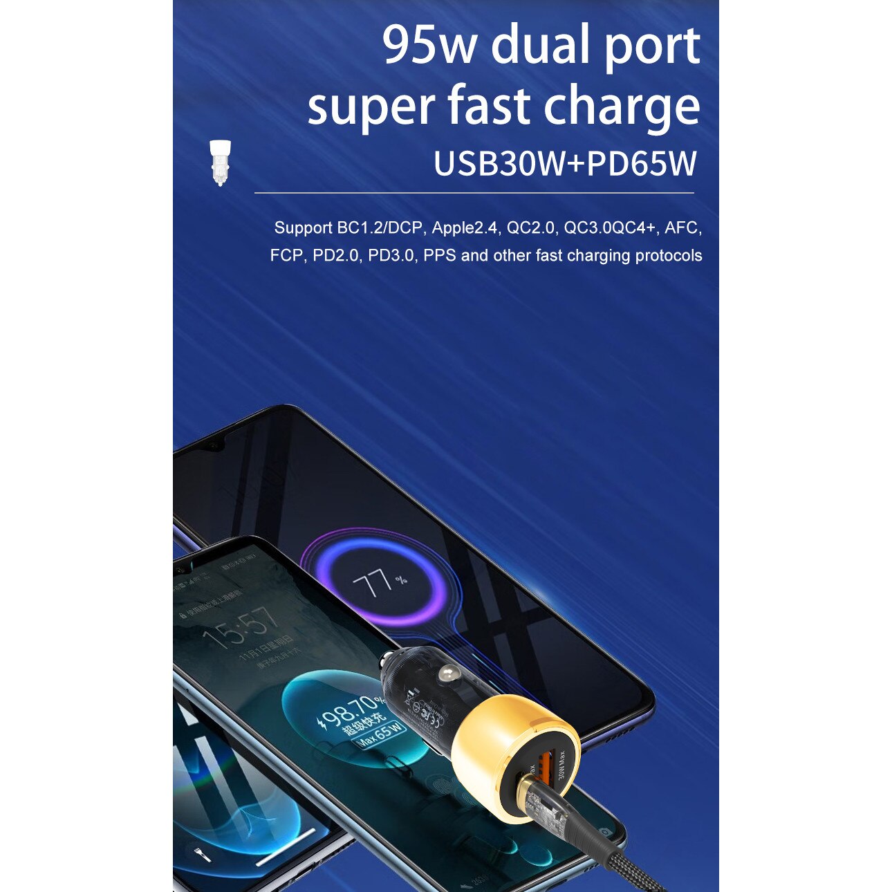 Зарядно за кола 95W, USB Type C PD 65W + USB-A QC3.0 30W, бързо ...