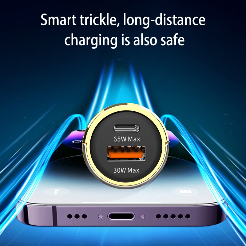 Зарядно за кола 95W, USB Type C PD 65W + USB-A QC3.0 30W, бързо зареждане Apple, Samsung, Huawei ...
