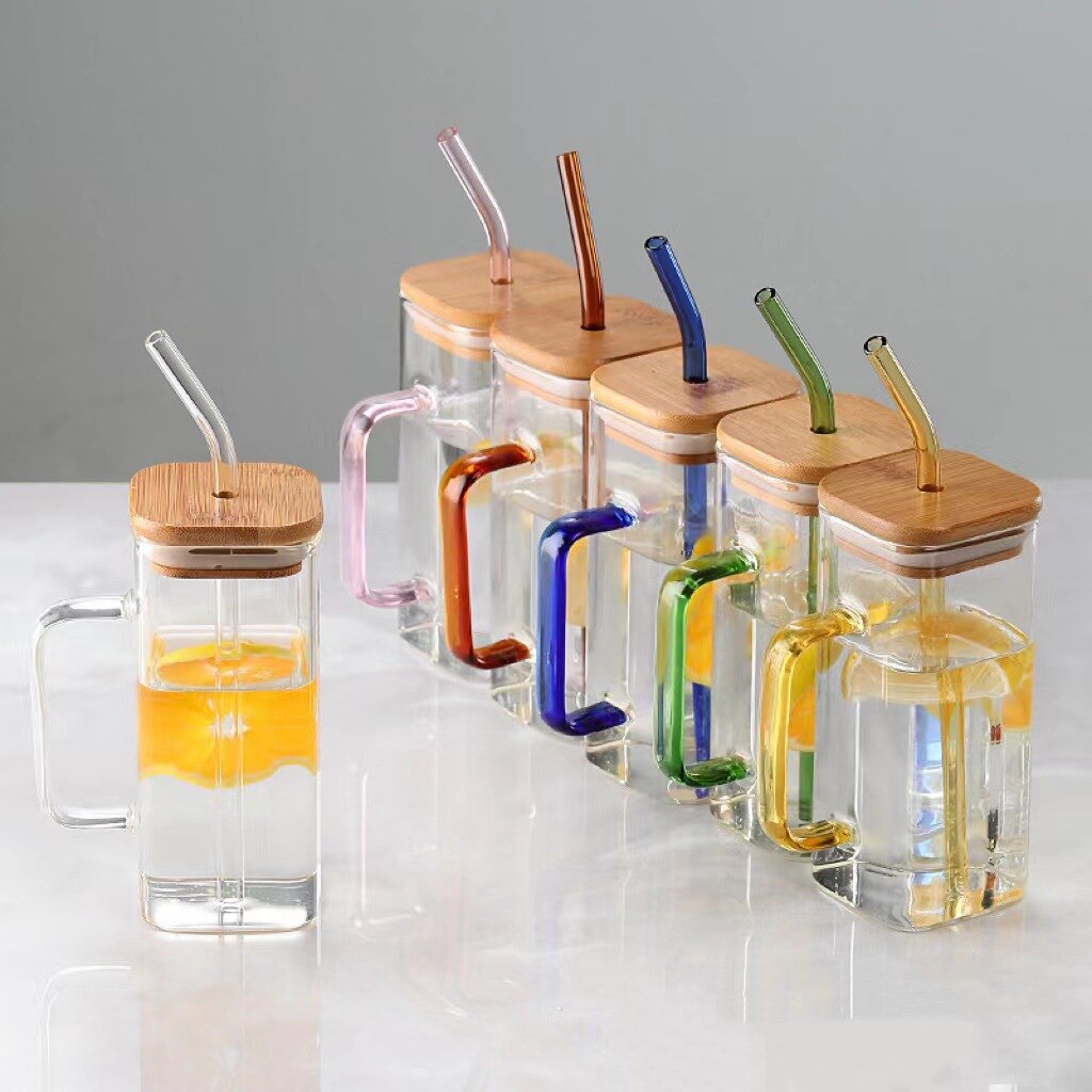 Set 6 pahare pentru limonada, Walalla, Sticla/Bambus, 450ml, Multicolor ...