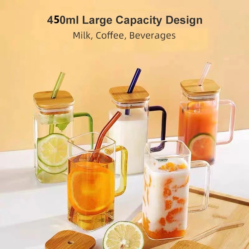 Set 6 pahare pentru limonada, Walalla, Sticla/Bambus, 450ml, Multicolor ...