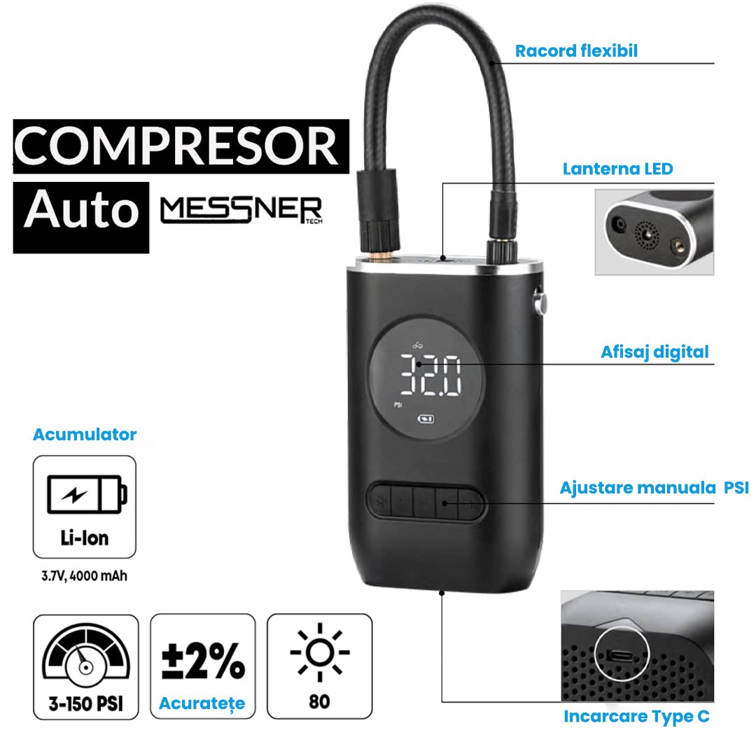 Compresor auto portabil Messner® Pompa de Aer Electrica pentru Umflarea ...