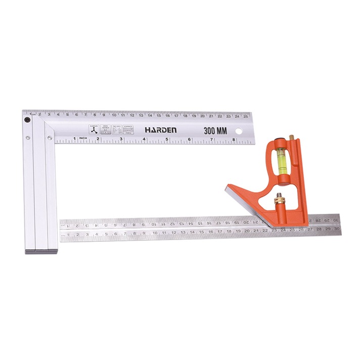 Set de masurare, echer 300 mm si rigla cu bula de nivel 250 mm - HARDEN ...