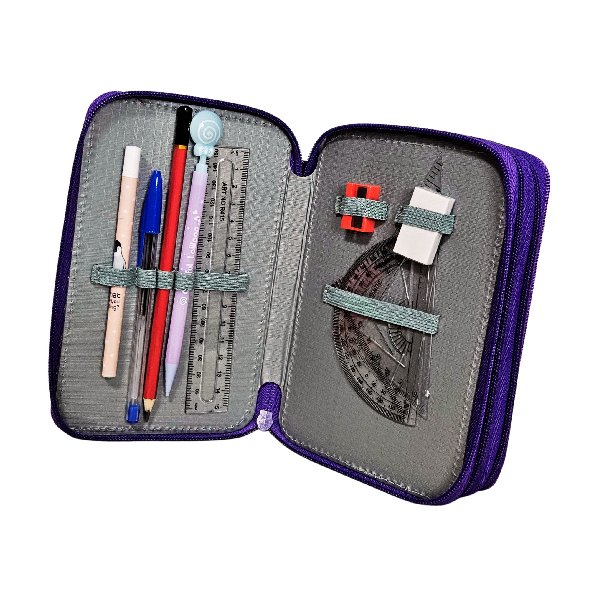 Penar echipat, pentru fete, cu 3 fermoare, dimensiune 20 X 6 X 13 cm, Mov, Model cu Fetita si ...