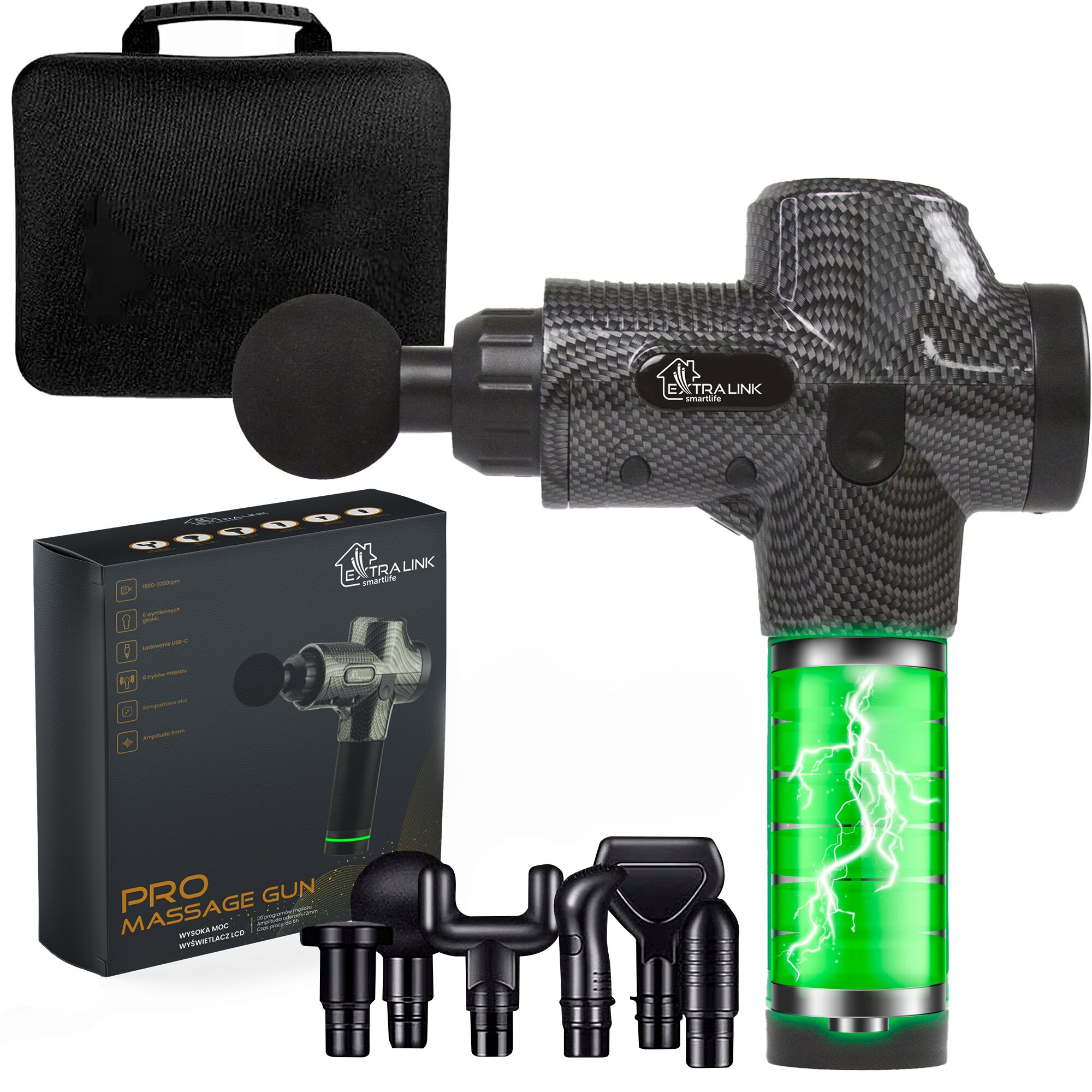 Pistol de masaj, Extralink Massage Gun Pro, 3800 RPM, 40 W, 6 varfuri ...