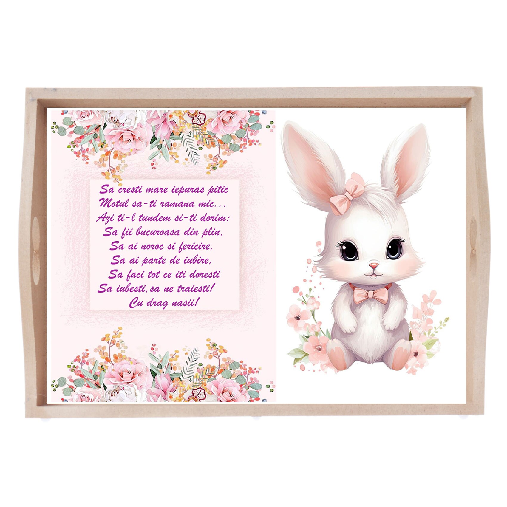 Set tava pentru taiere mot/turta la fete, model iepuras, roz, 6 piese ...
