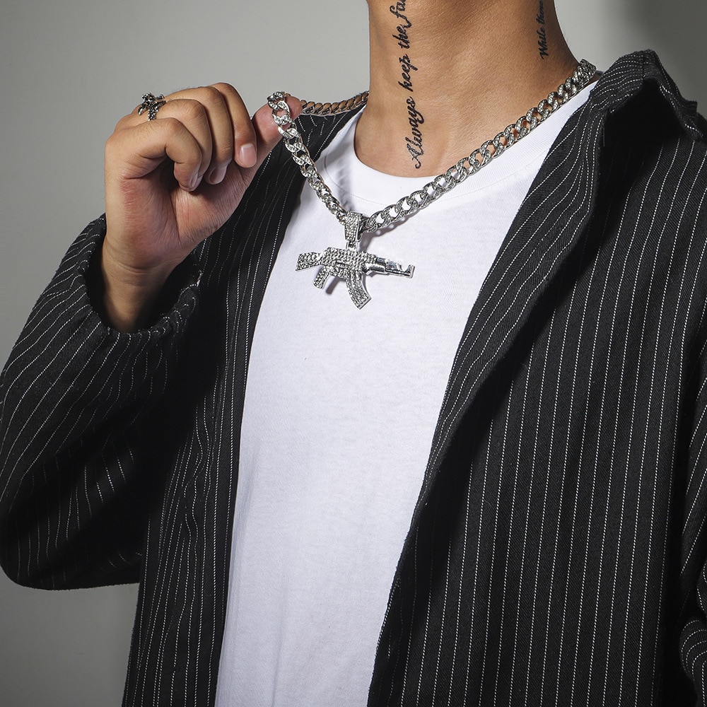 Lant model Cuban Chain cu pandantiv Hip Hop Iced Out in forma de pusca ...