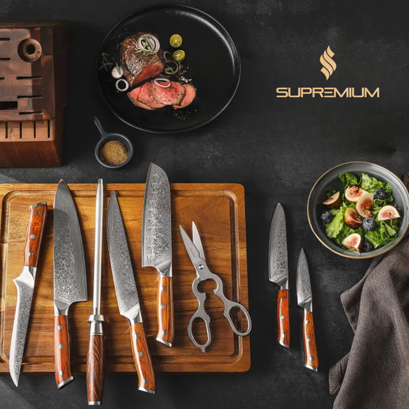 Set cutite premium din otel de Damasc, cu maner din lemn de palisandru ...