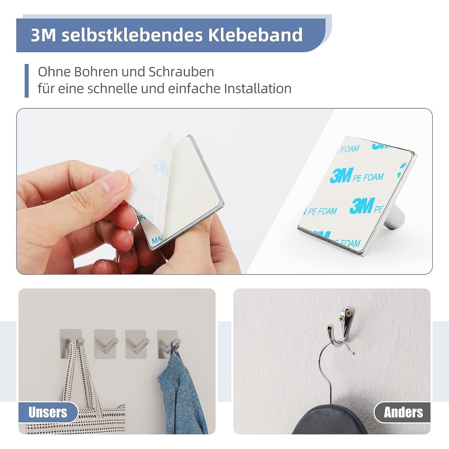 Set 4 carlige adezive, 3M, Inox, Argintiu - eMAG.ro