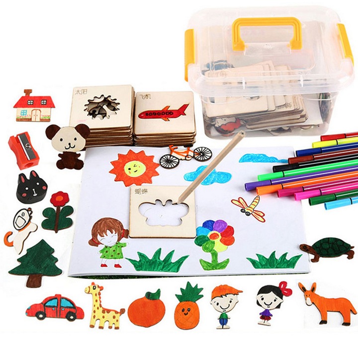 Set de sabloane pentru desenat din lemn, 50 piese, 10 cm, 11 cm, 19.5 ...