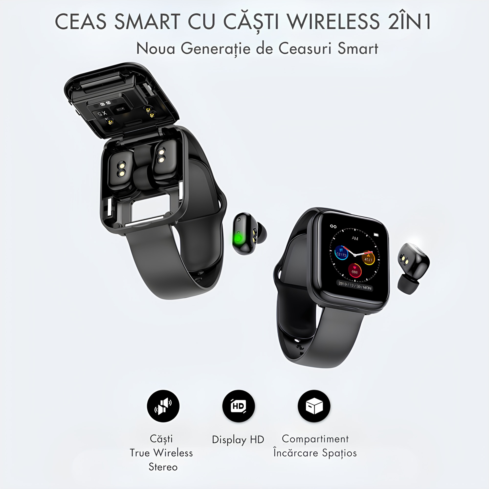 Ceas Smart cu Casti Wireless 2in1, Multifunctional, Control prin ...