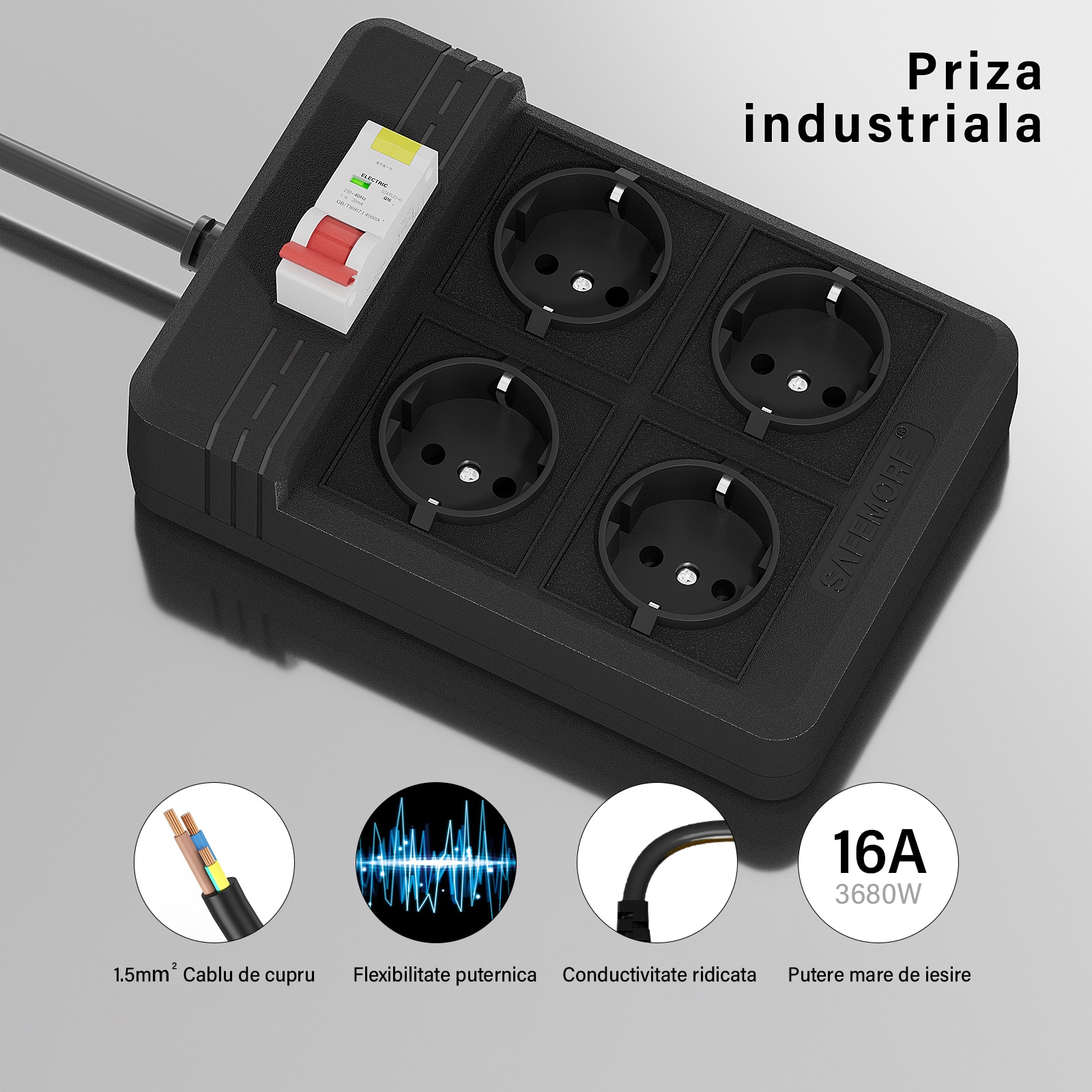 Удължителен кабел тип кула Safemore 4 гнезда Rcd прекъсвач защита от пренапрежение 3m черен