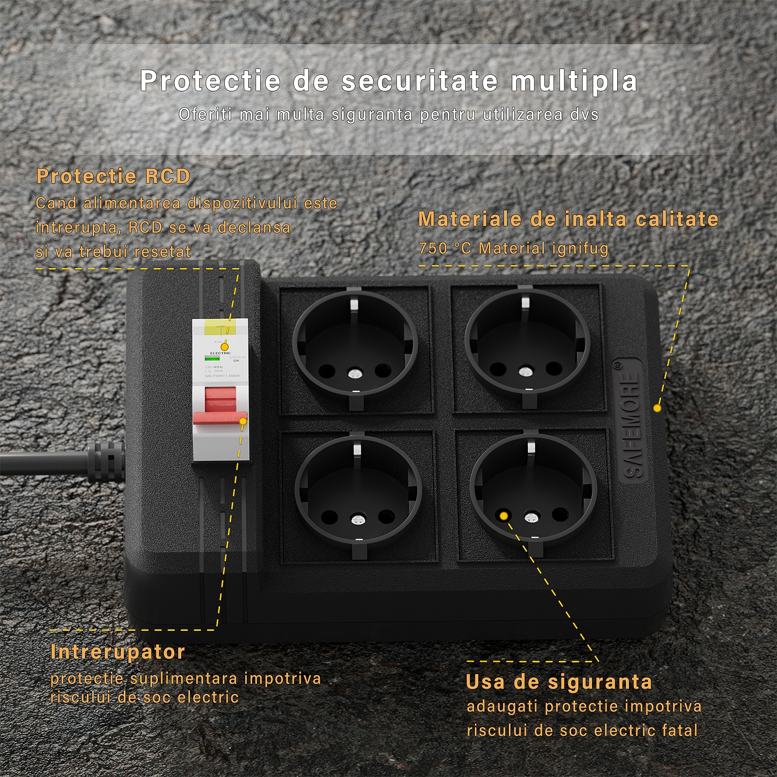 Удължителен кабел тип кула Safemore 4 гнезда Rcd прекъсвач защита от пренапрежение 3m черен