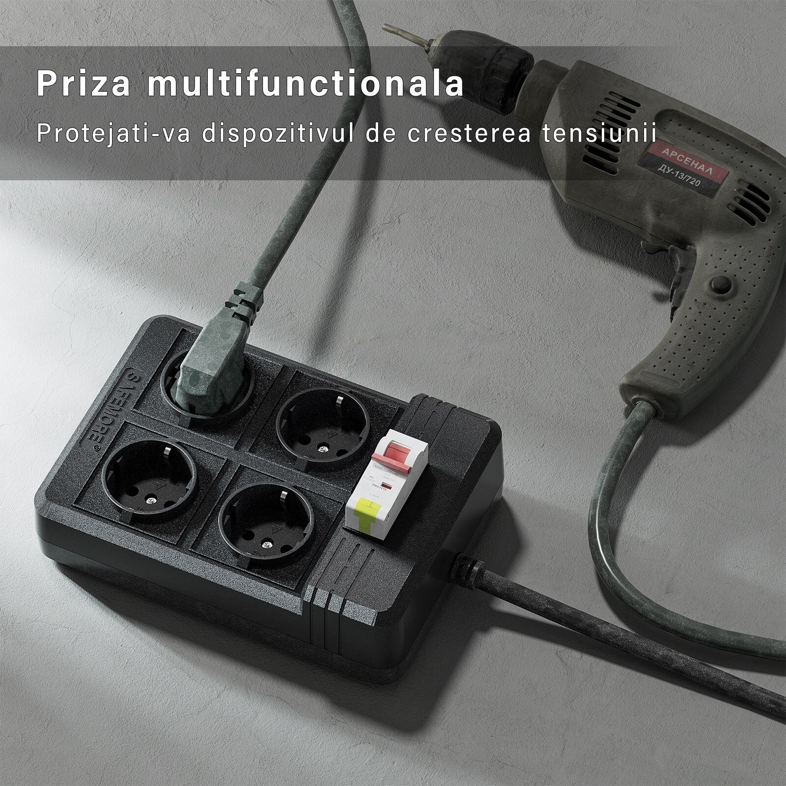 Удължителен кабел тип кула Safemore 4 гнезда Rcd прекъсвач защита от пренапрежение 3m черен