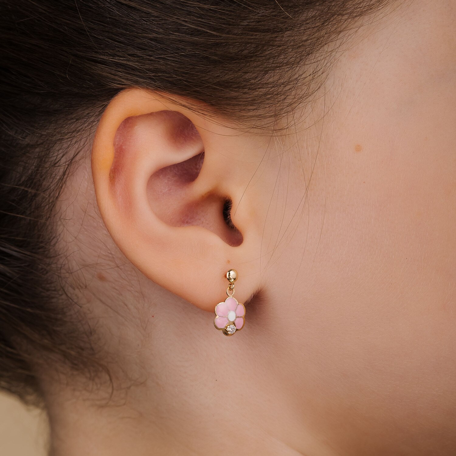Cercei din aur 14k pentru copii, Floare Roz si Cristal - eMAG.ro