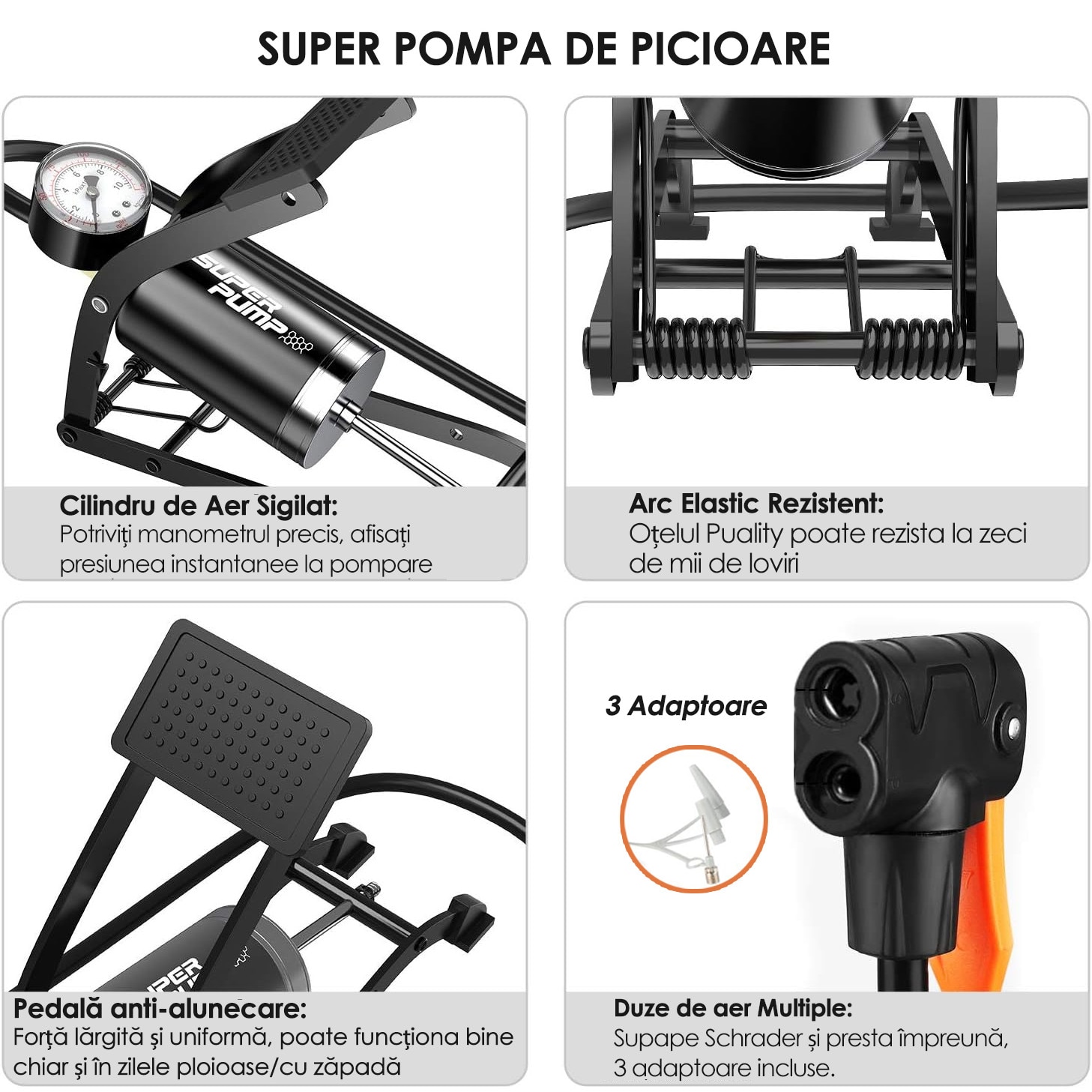 Pompa de picior pentru bicicleta, anvelope auto, motociclete, cu ...