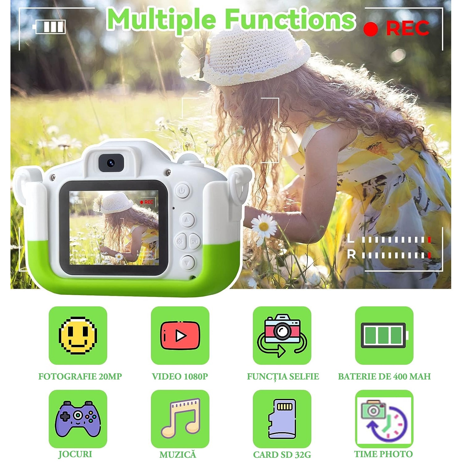 Camera foto digitala pentru copii BYONDSELF® cu card TF de 32G, 2000W ...