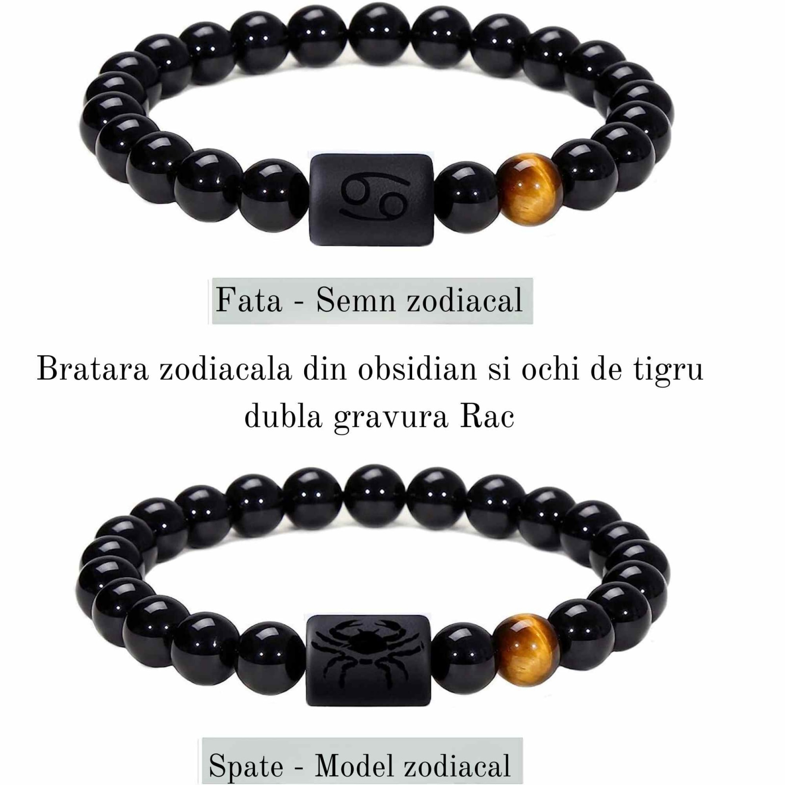 Bratara zodie Rac din pietre naturale 8mm Obsidian si Ochi de Tigru ...
