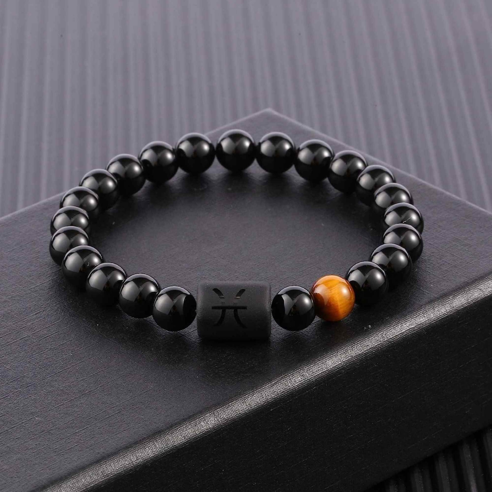 Bratara zodie Pesti din pietre naturale 8mm Obsidian si Ochi de Tigru ...