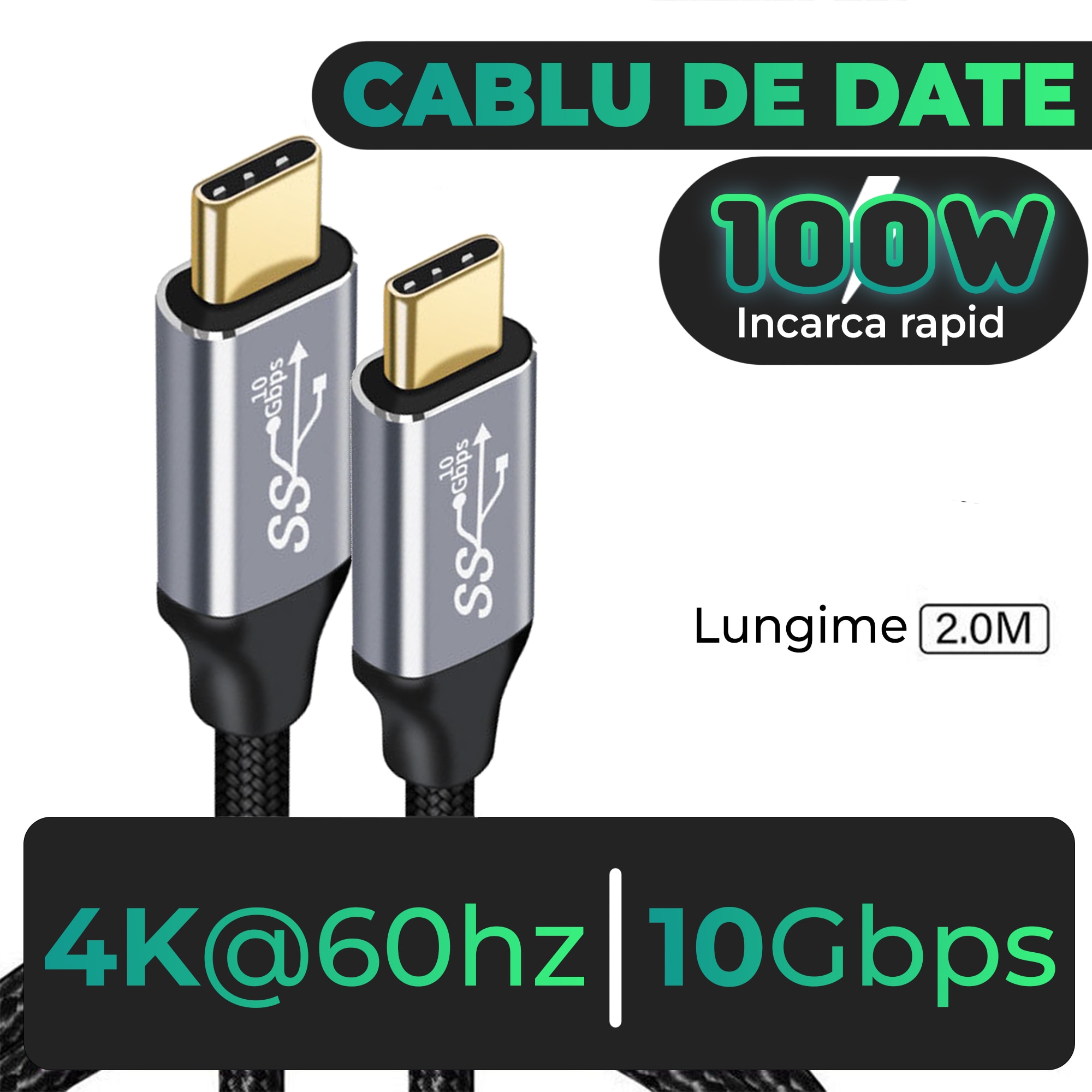Cablu de date si Incarcare Rapida, Timebox, USB3.2,100W, 10Gbps, Type-C ...