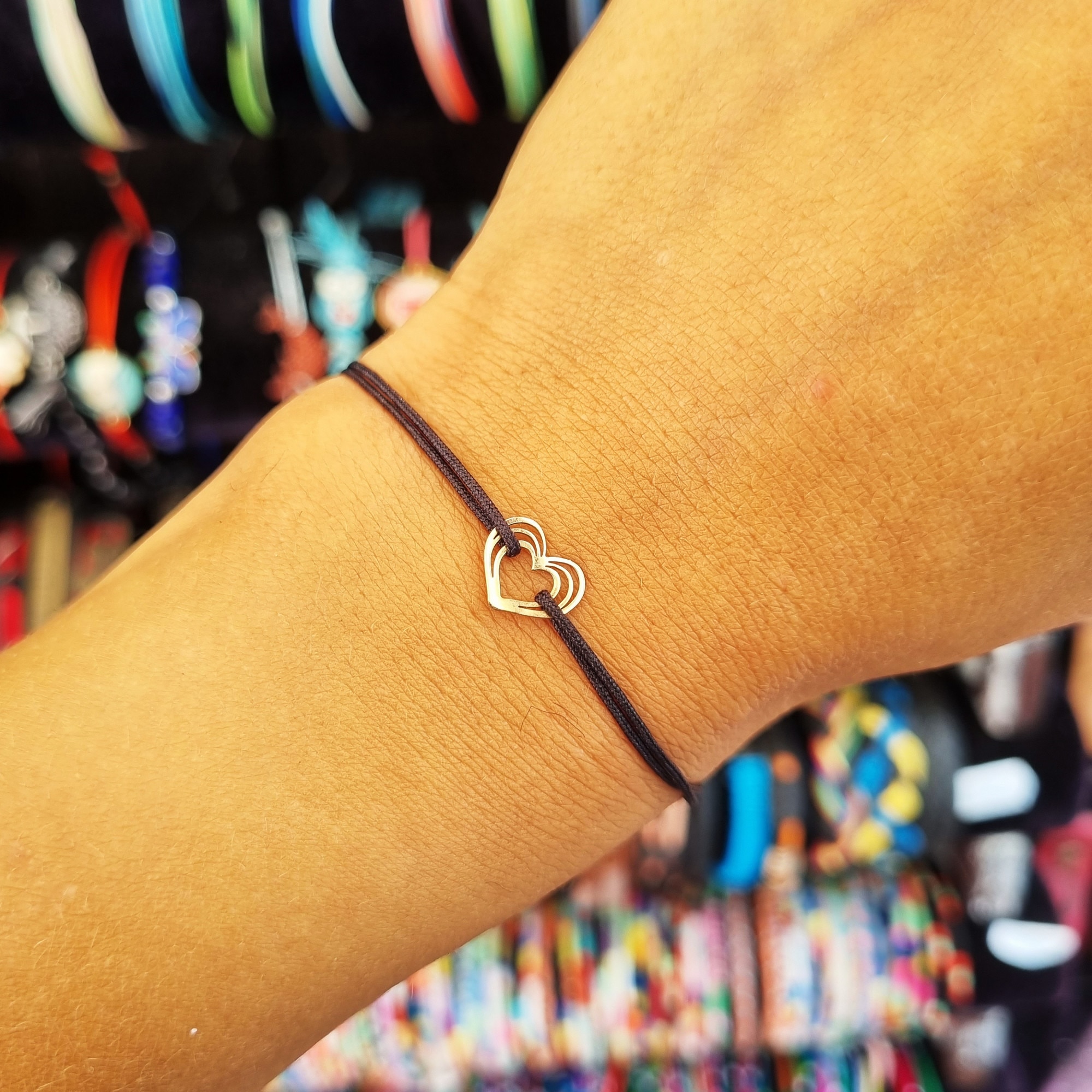 Bratara din aur 14k cu charm Inima tripla si snur negru reglabil negru ...