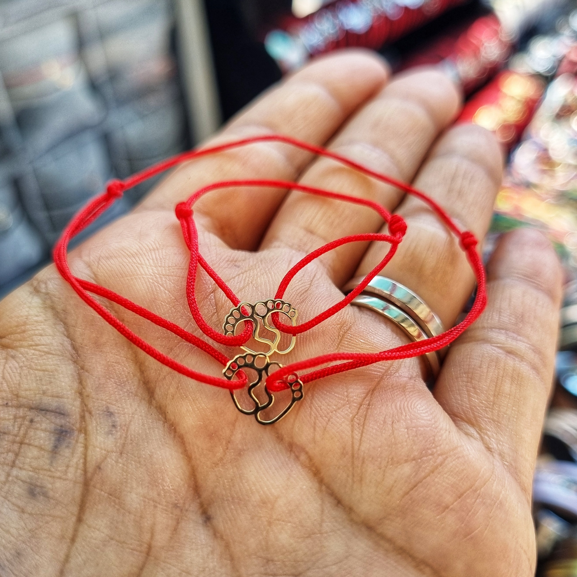 Set 2 Bratari din aur 14k, Mama si bebe cu charm talpite, reglabile din ...