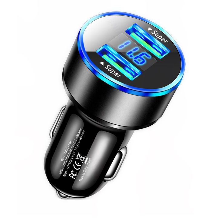 Incarcator auto cu afisaj led, dual QC 3.0,45W, 10A, DC 12-24V, 2xUSB ...