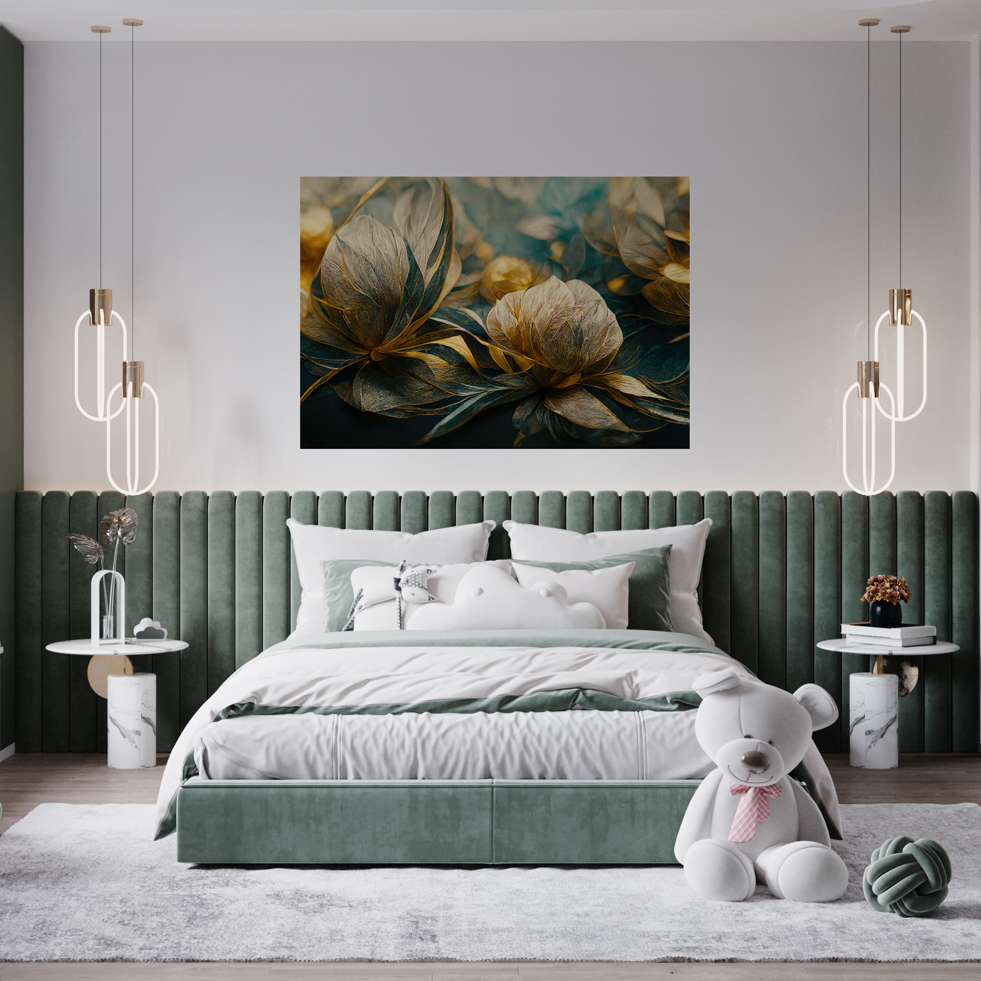 Tablou Canvas, Dormitor, Living, Floral, Modern, Verde si Auriu, 70x100 ...